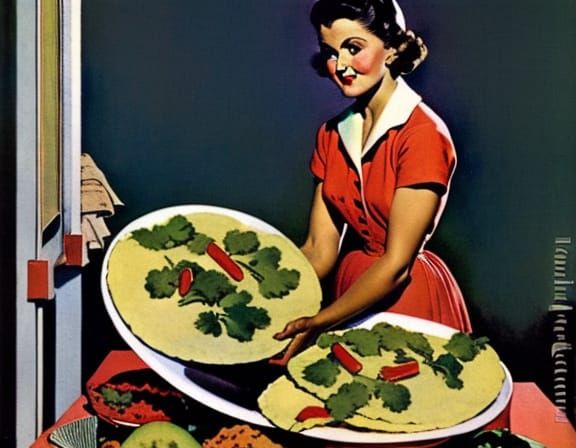retro 1950's Advertisement; A woman holding platter of tacos; triadic ...