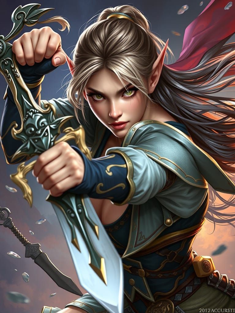 Ethereal Elf Warrior Princess in Contemplative Bat... - AI Art