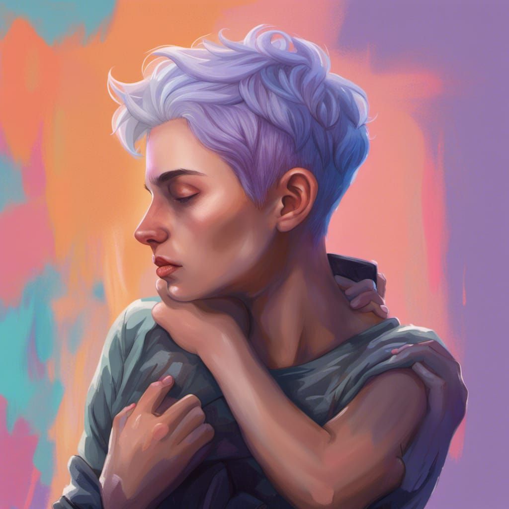 Nonbinary person with short lavender hair hugging non-binary person with short pastel blue hair ...