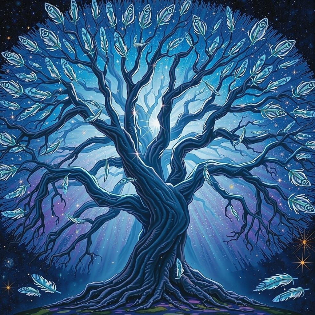 Make an old magic tree. The tree leaves are feathers. Which glows in ...