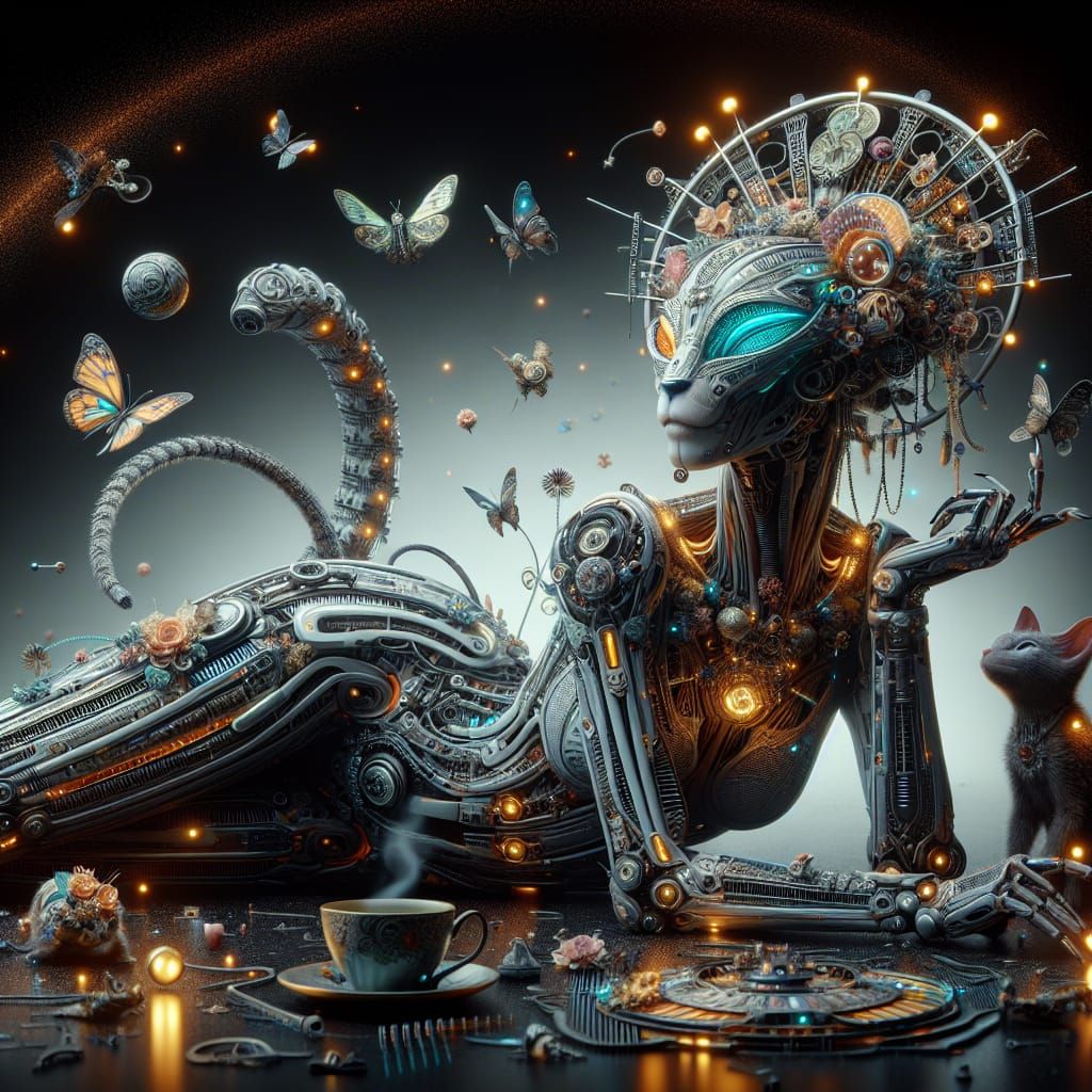 A female metal alien glowing with her pets. - AI Generated Artwork ...
