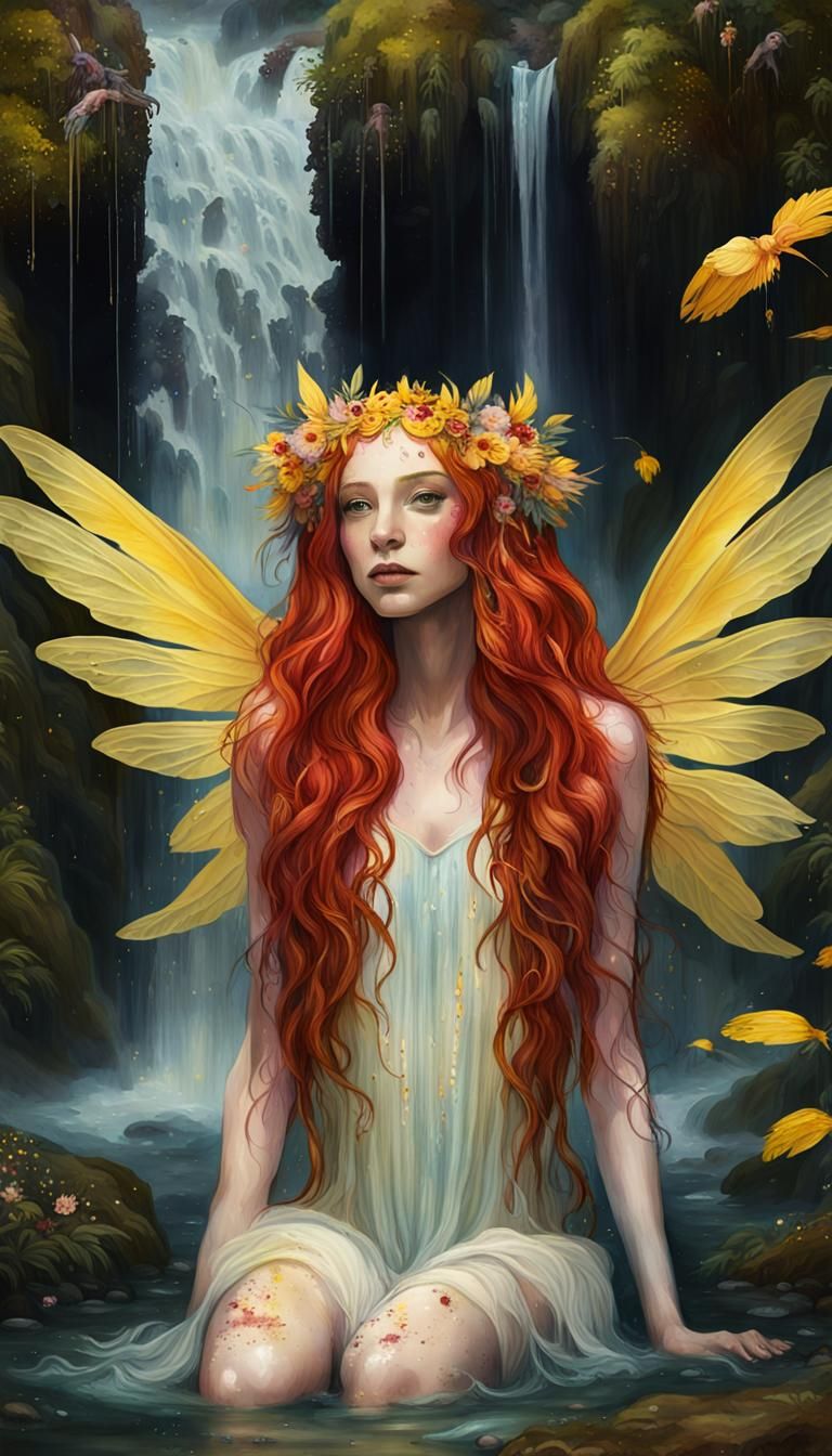 beautiful fairy bathing under a waterfall, long red hair, passionflower ...