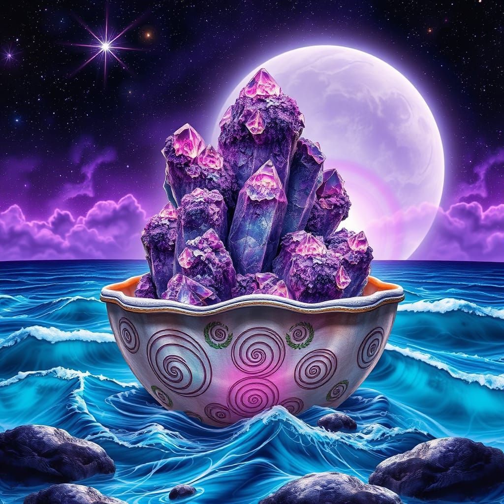 Astral Amethyst Baskets Rise from Cosmic Ocean - AI Art
