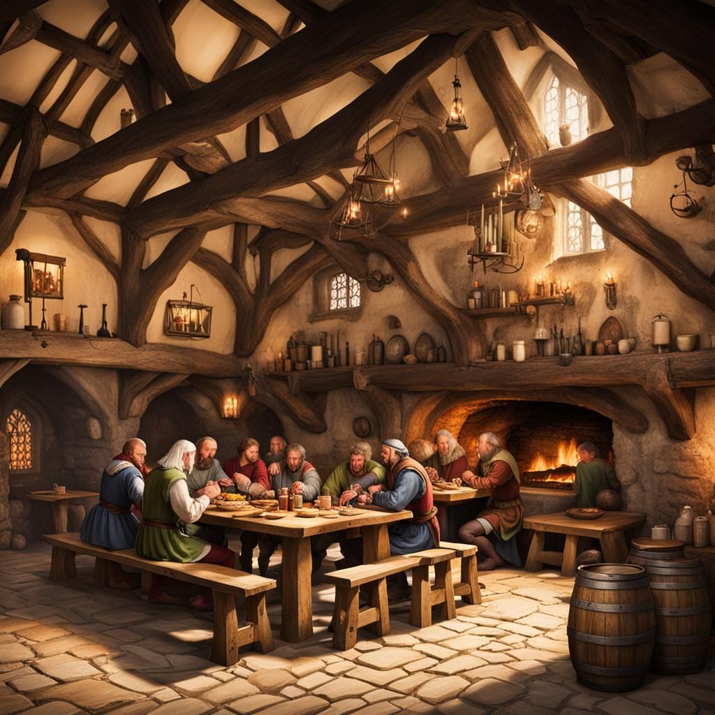 country tavern medieval lair in England with people eating - AI ...