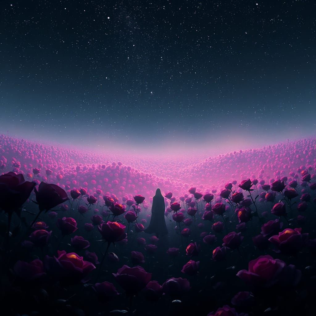 Starry black rose field at night - Dark Fantasy Black Rose F...