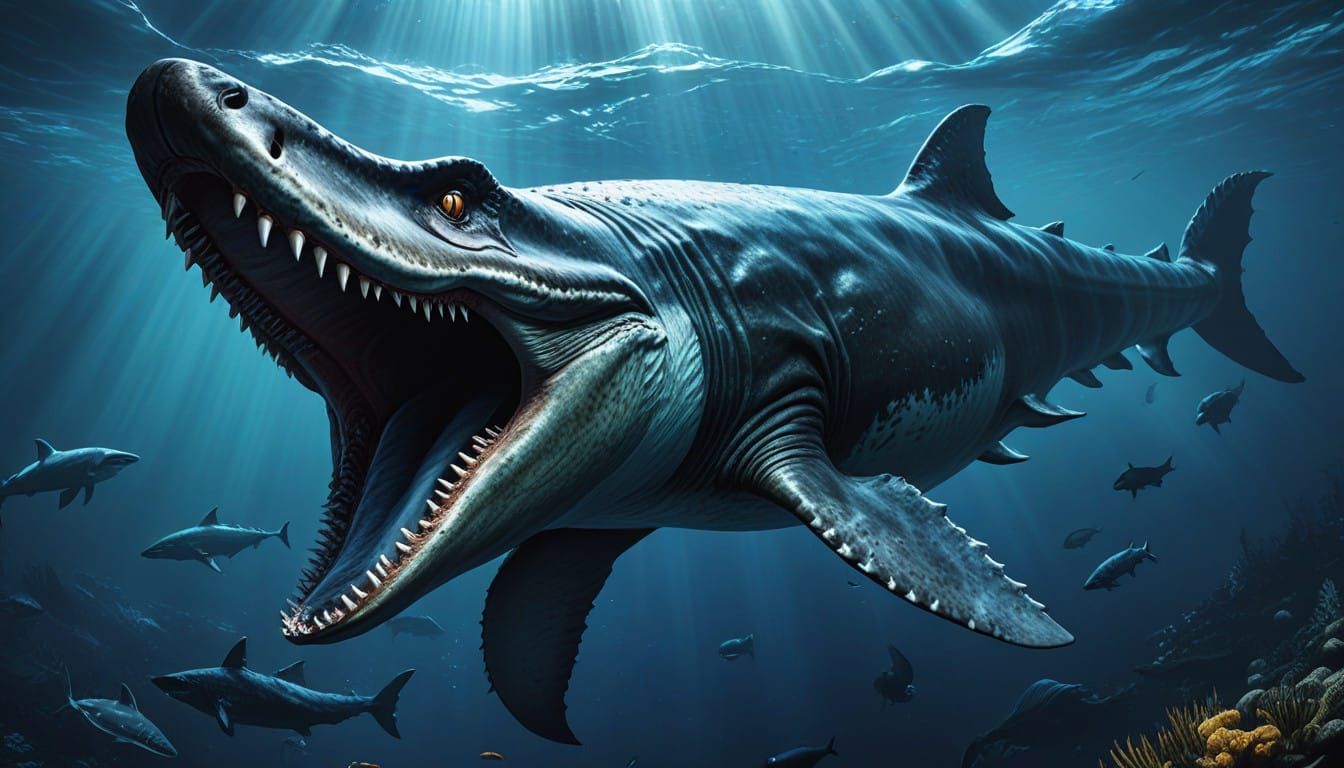 gigantic mosasaur at the bottom of a blue ocean hunting a gigantic ...