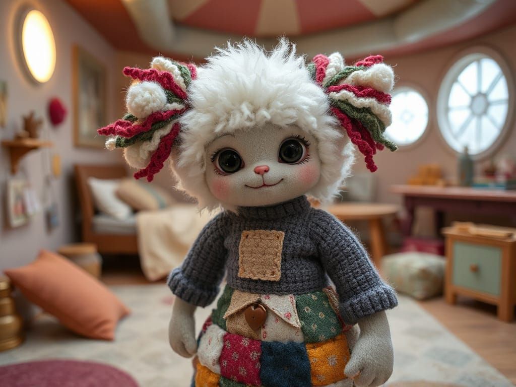 Frivolous Little Fluffy Person Wearing Sci-Fi Macrame Sci-Fi Pompom Space-Buns & Sci-Fi Quilted ...