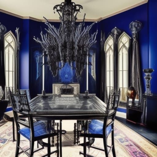 Gothic penthouse apartment with Black walls& cobalt blue frames& cobalt ...