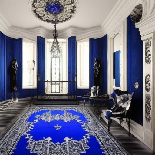 Gothic penthouse apartment with Black walls& cobalt blue frames& cobalt blue Gothic furniture ...