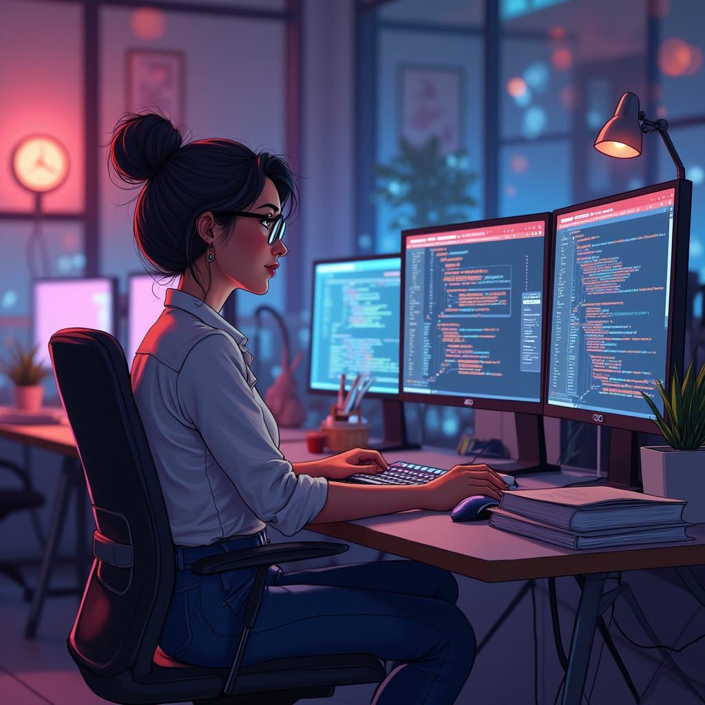 woman programmer 40 years - Woman Programmer in Futuristic O...