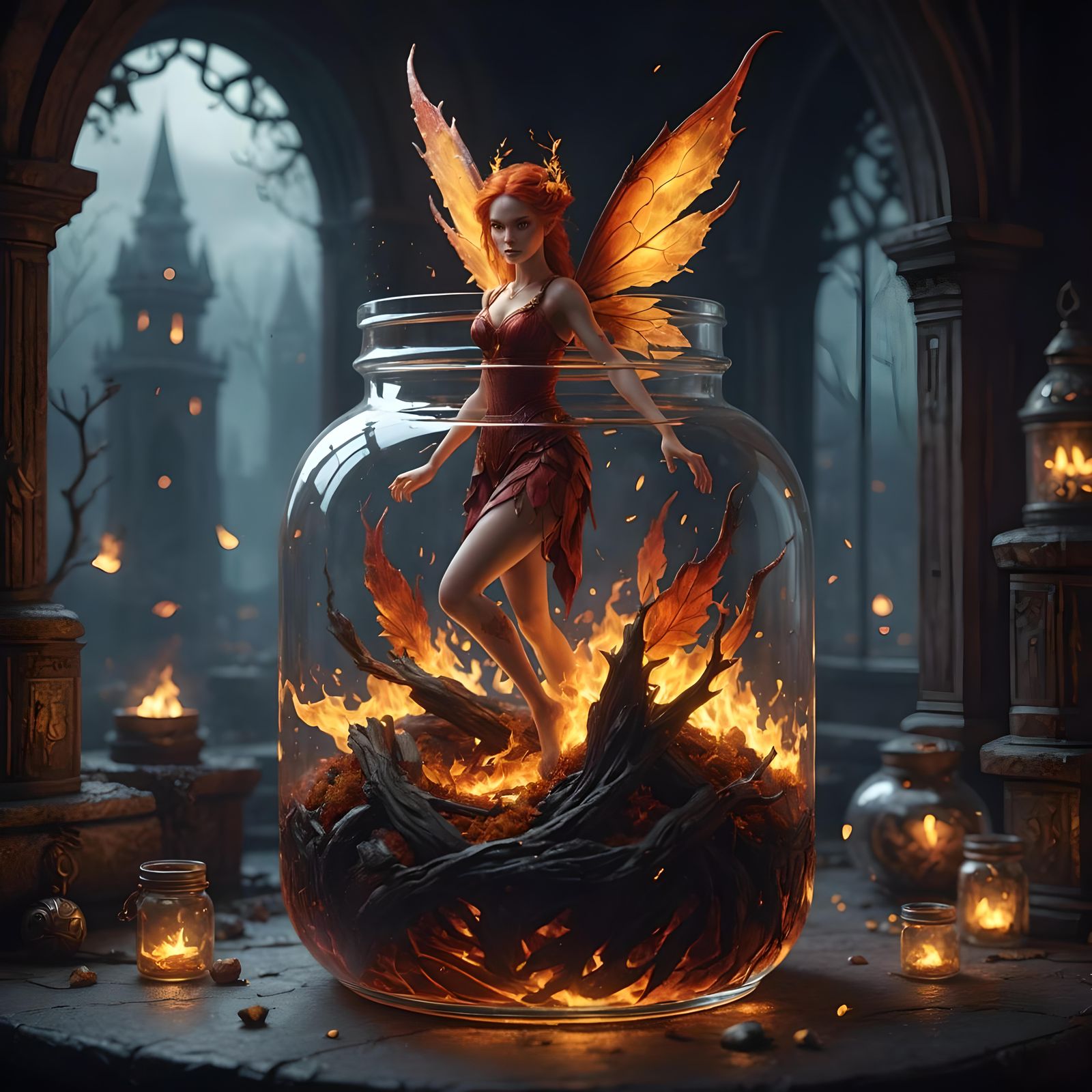 Fire fairies in a jar - AI Generated Artwork - NightCafe Creator