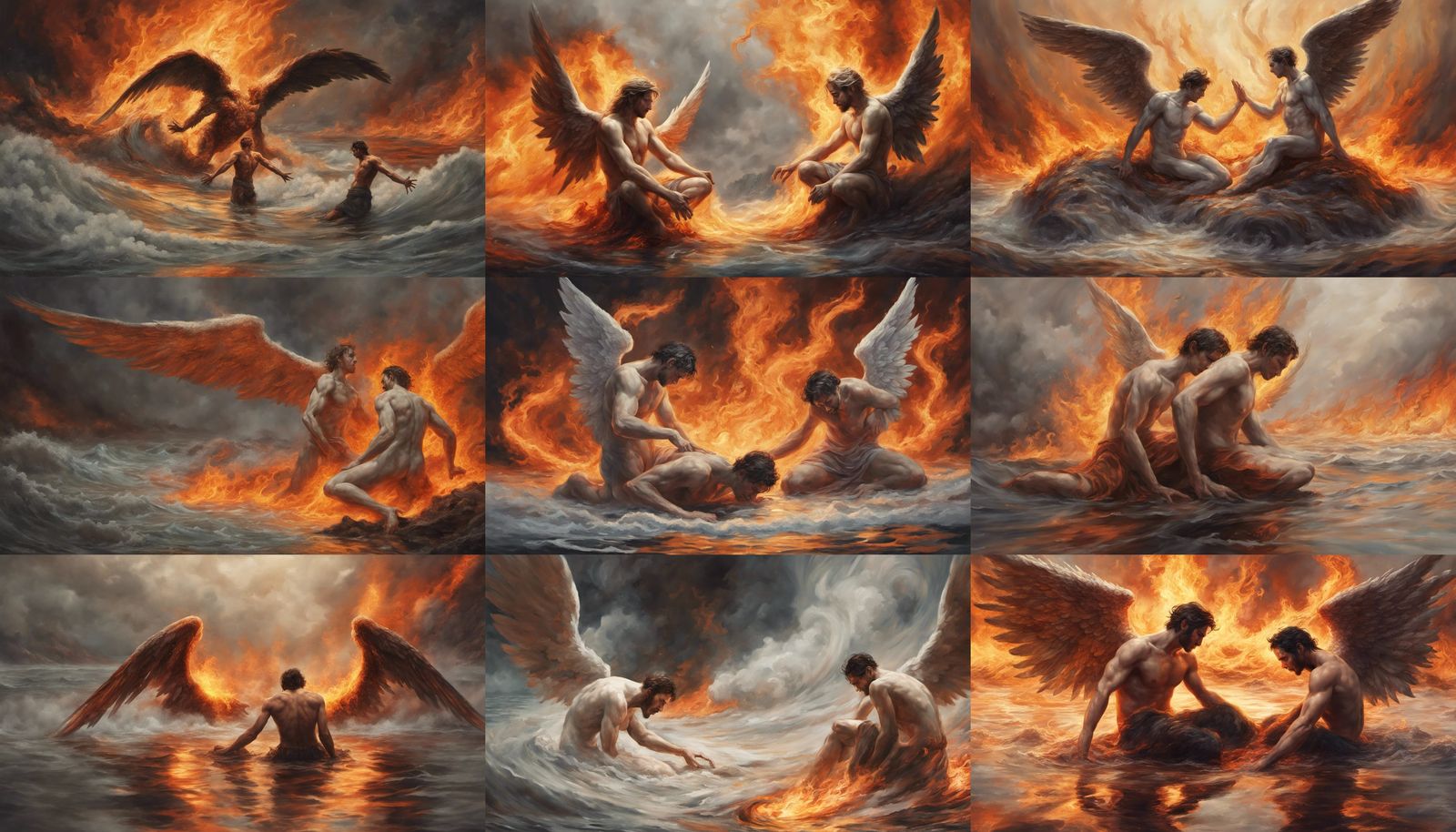 Two male angels lie prostrate on a lake of fire in hell. One angel ...