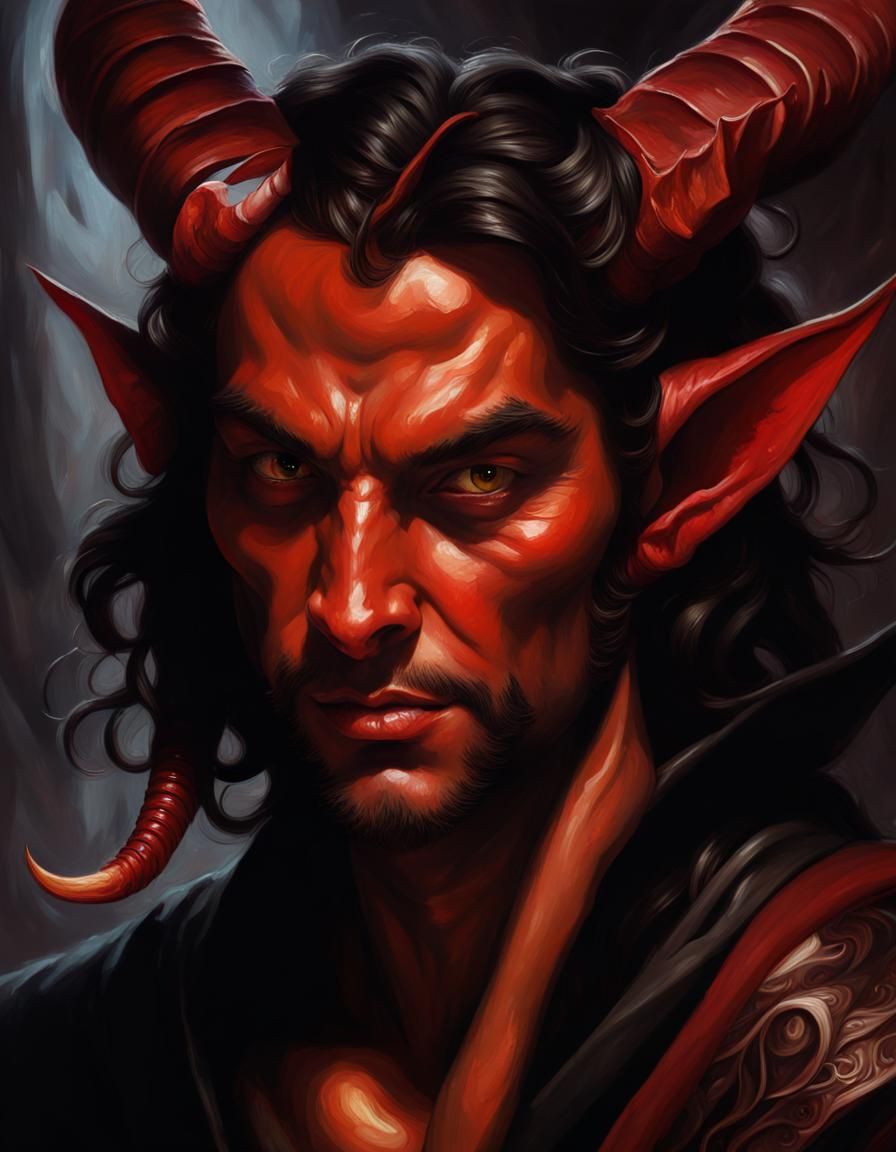 Tiefling, red, scales, black, firelight, diabolic, hell, beautiful ...