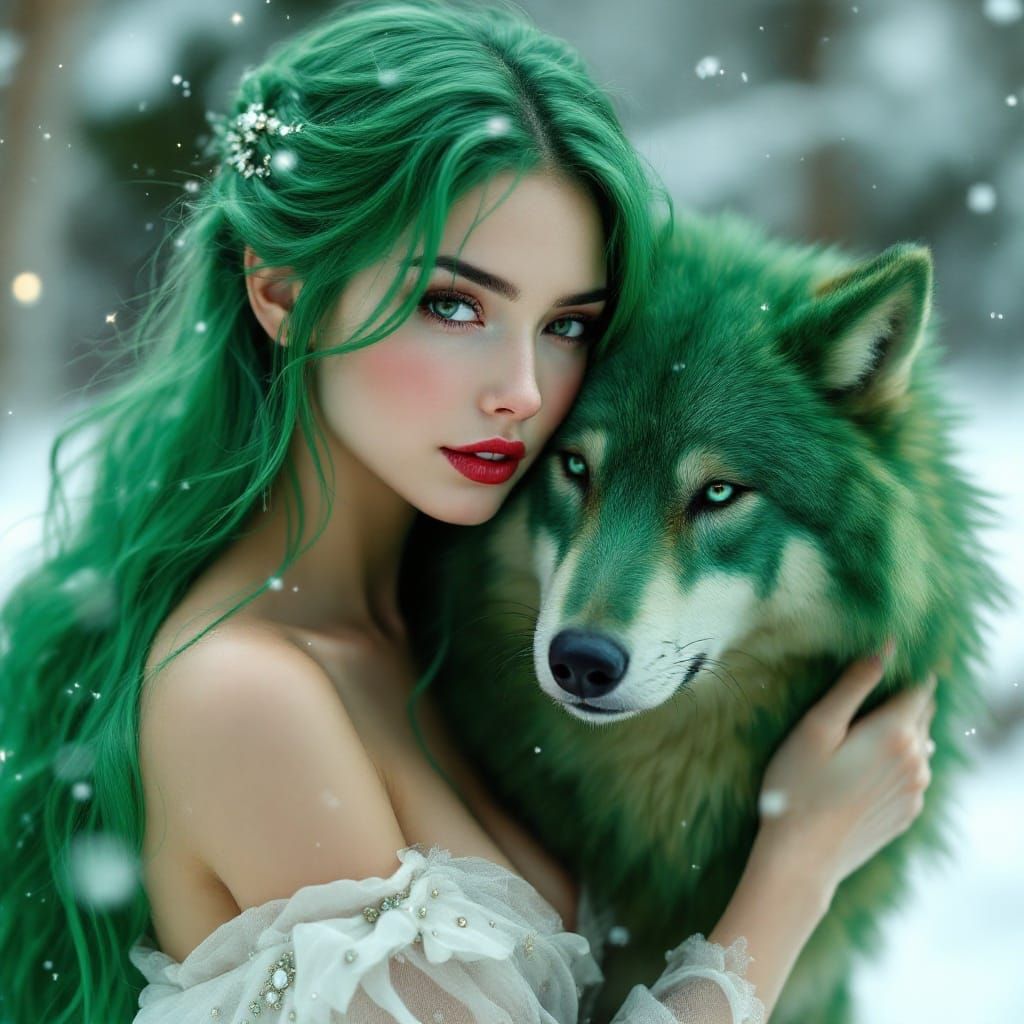 Wolf and Woman - Ethereal Elvish Woman Embraces Emerald Wolf...