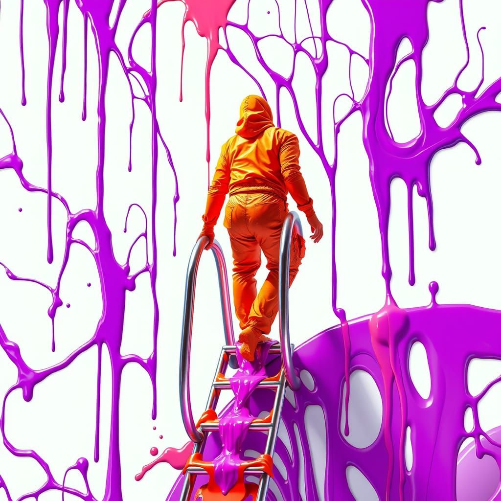 A person drenched in paint, climbing a pool ladder with purple paint ...