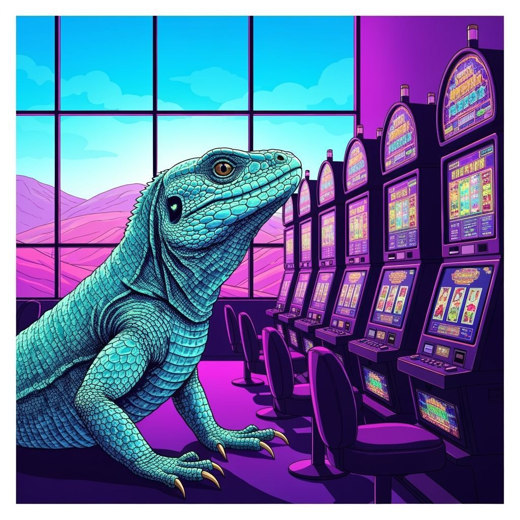 Blue-Green Lizard in Casino: A Surreal Illustratio... - AI Art