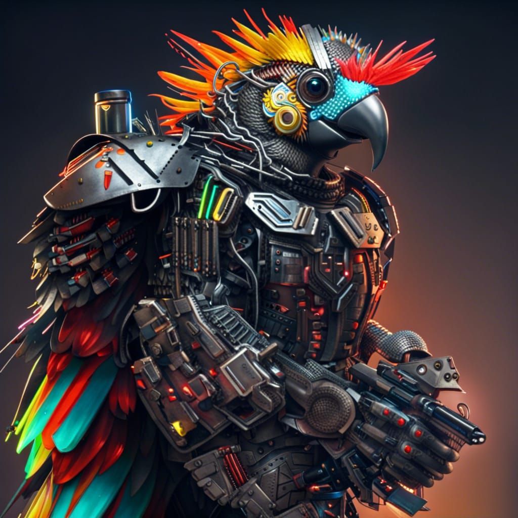 smiling parrot steel Armour,computer parts, neon wires attached to body ...