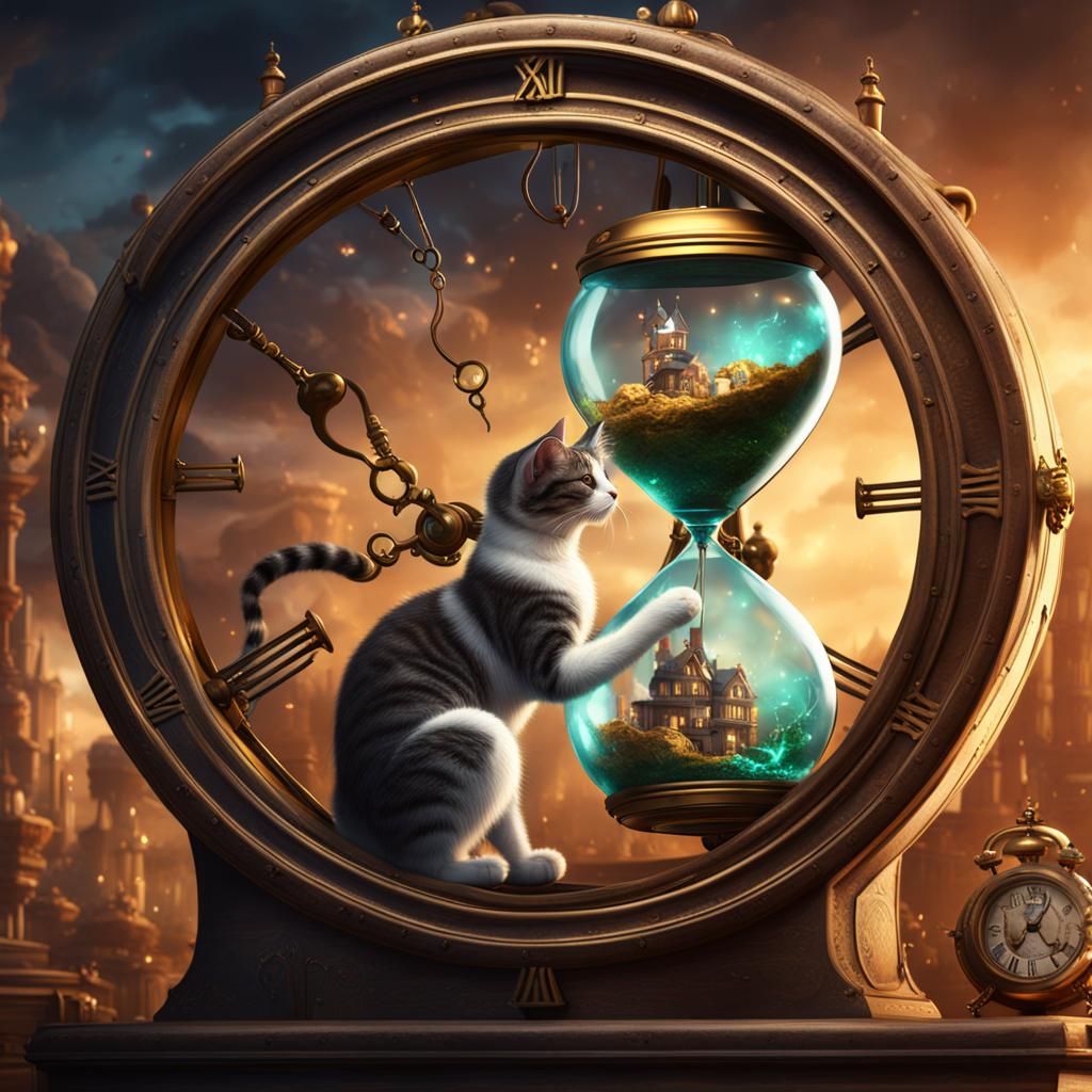 A cat playing with an hourglass inside a clock - AI Generated Artwork ...