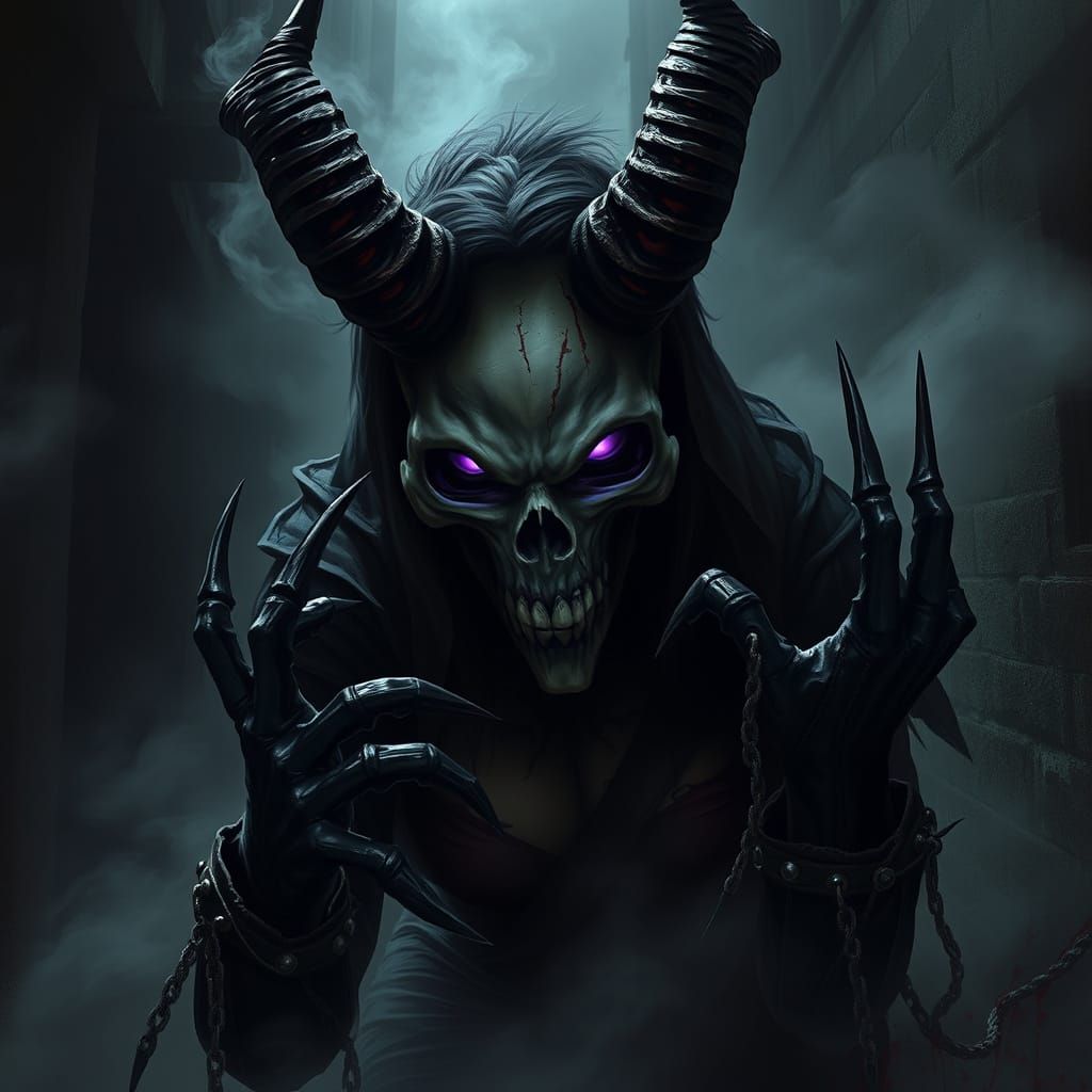 Deathly demon in the dark alley - Gothic Demoness in Dark Al...