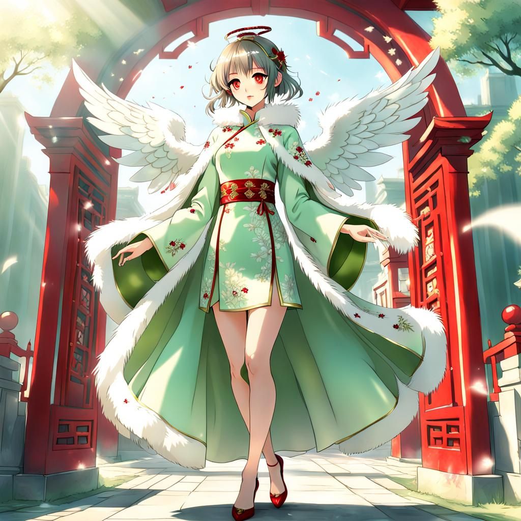 Hot Anime girl in an elegant dressed as an angel in light green ...