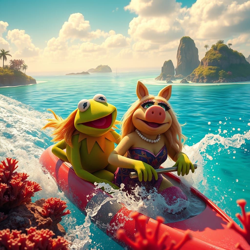 Vacation - Kermit and Miss Piggy Ride Turquoise Waves in Tro...