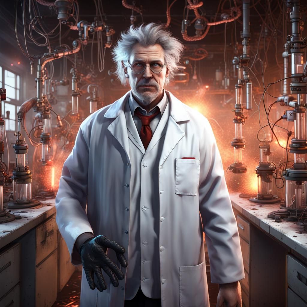 **A mad scientist stands in the center of their laboratory, surrounded ...