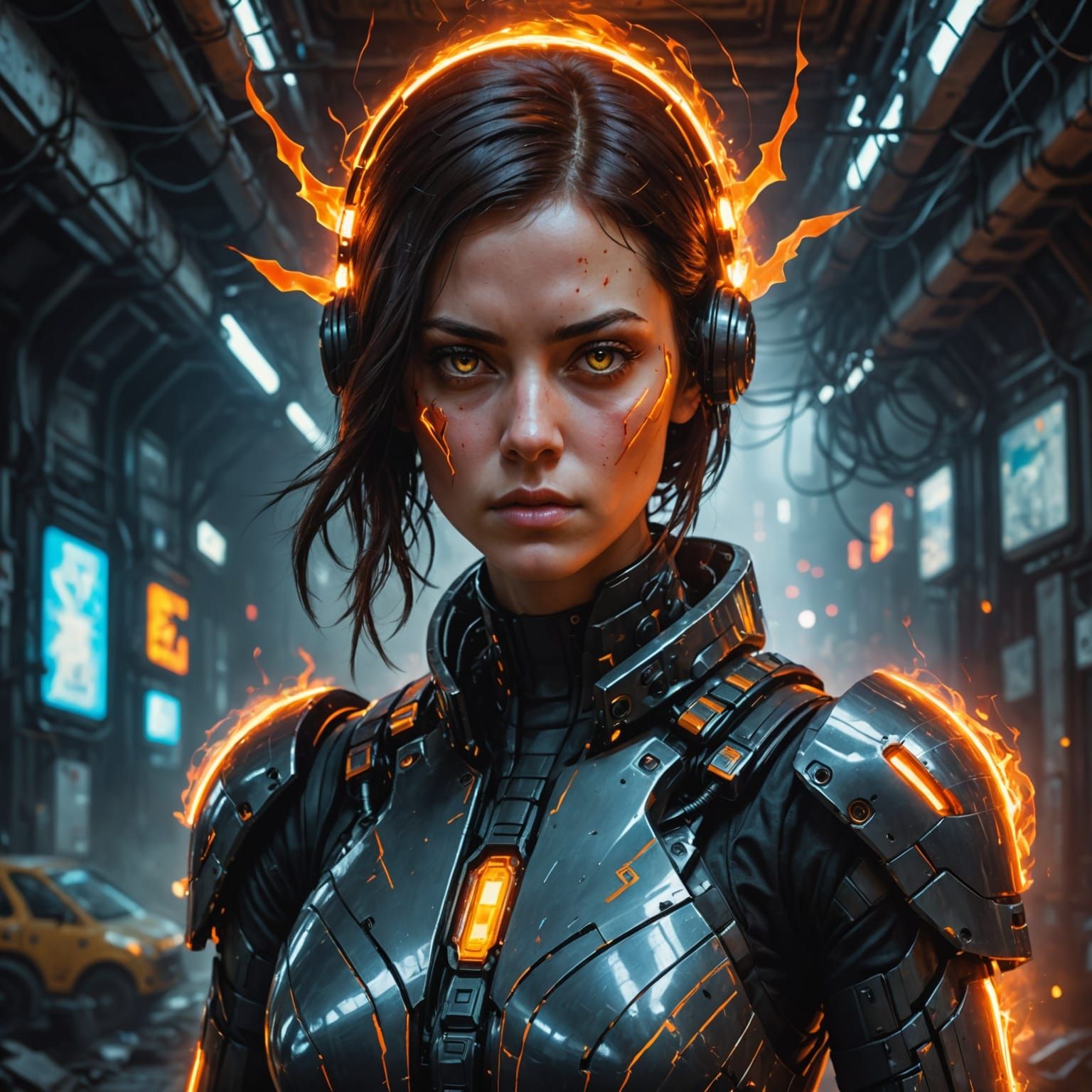 Android Goddess Awakens in Cyberpunk Dystopia - AI Art