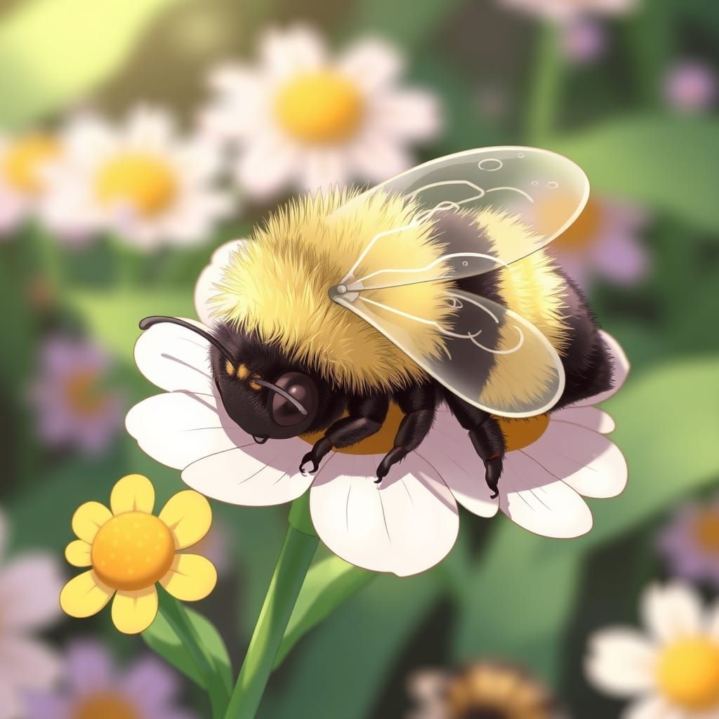 Sleepy bumblebee, sleeping on a small flower - AI Art