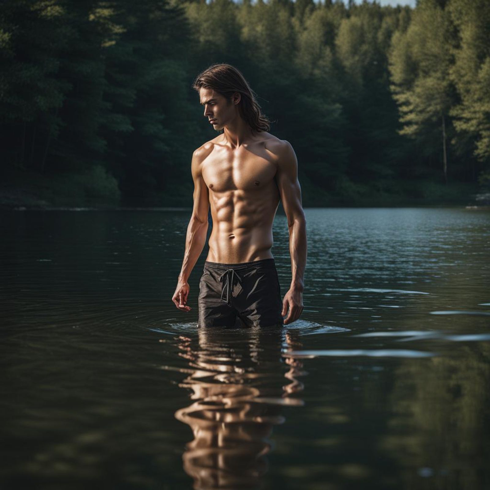 androgynous looking young male adult, skinny dipping in lake, revealing ...