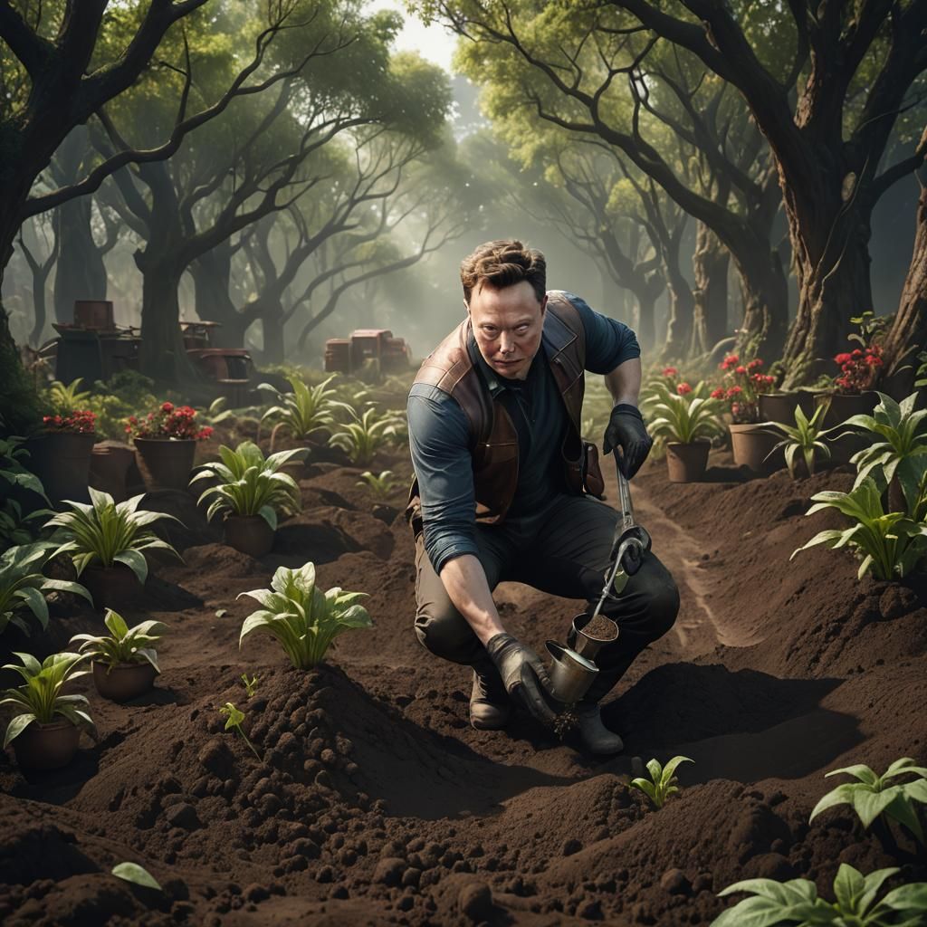 Elon Musk weeding the soil - AI Generated Artwork - NightCafe Creator