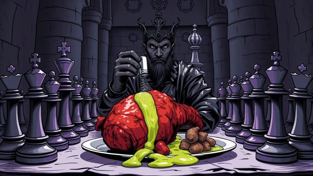 Old Fried Liver XI - Dark Staunton Chess Pieces Feast on Rot...