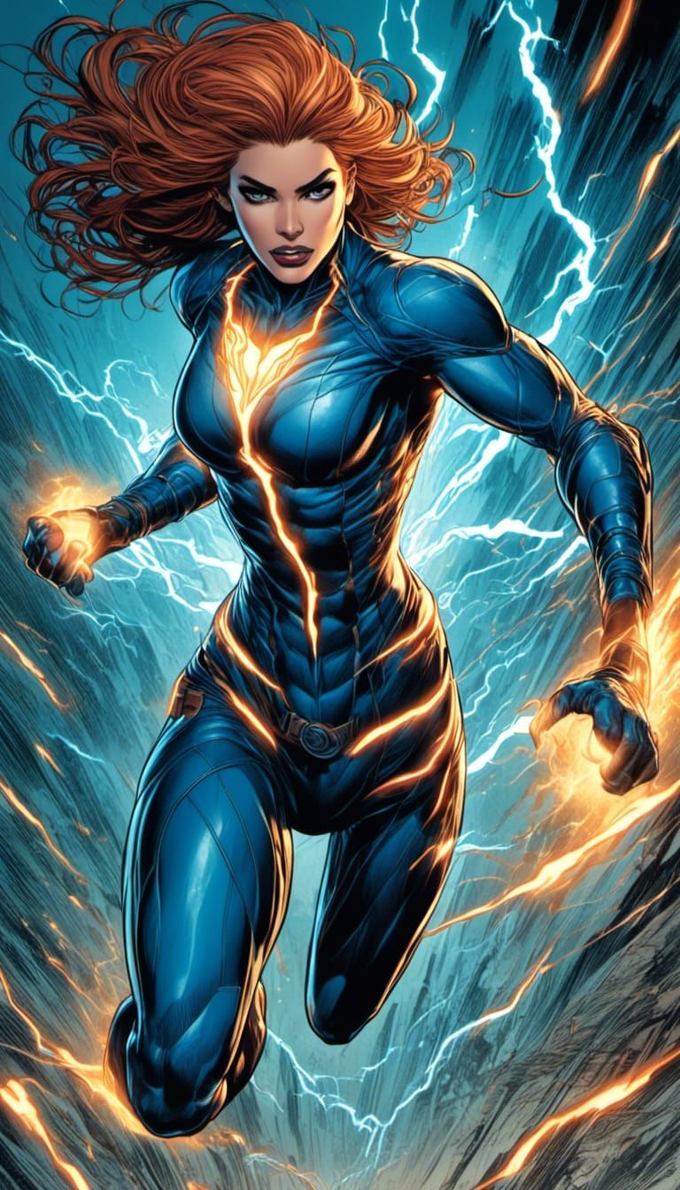 Female Speedster,blue suit,blue lightning background, Running,blue ...