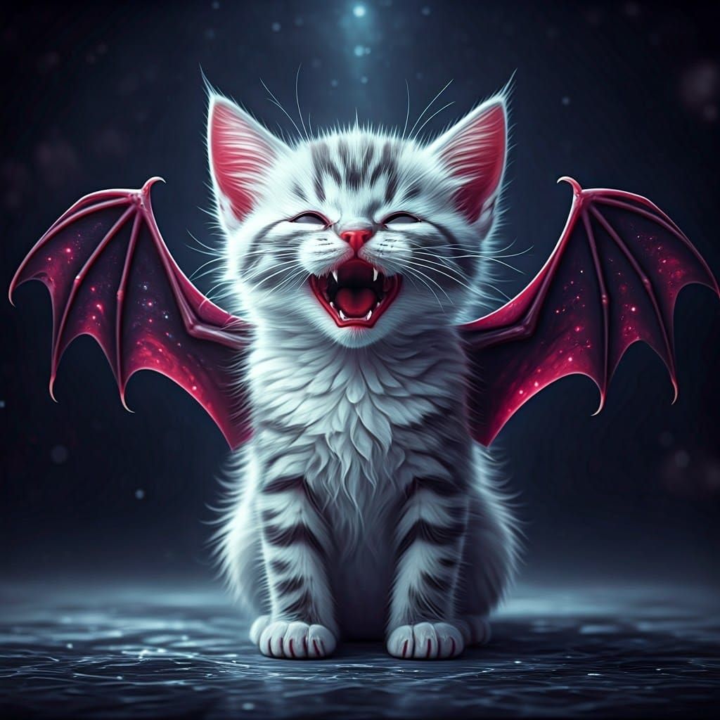 meow - Glittering Vampire Kitten Bat in Icy Synthwave Scene
