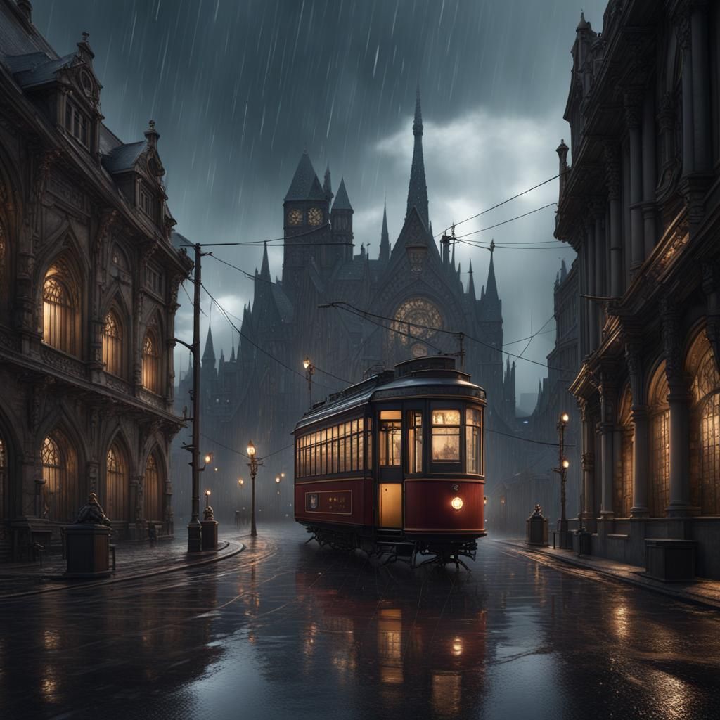 gothic_buildings, crowd, raining, dark sky, trams in the street, : r ...