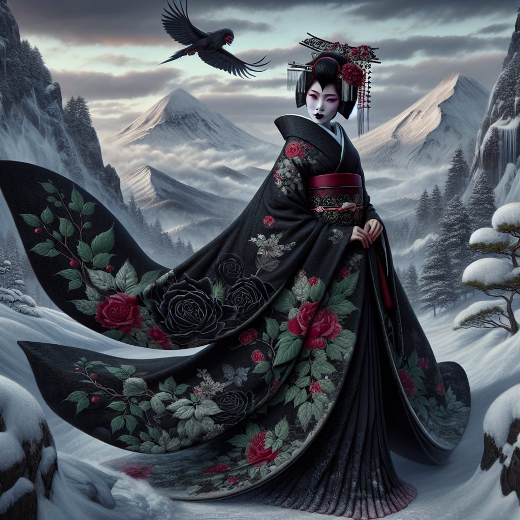 beautiful Evil Japanese geisha wearing a Black winter kimono decorated ...