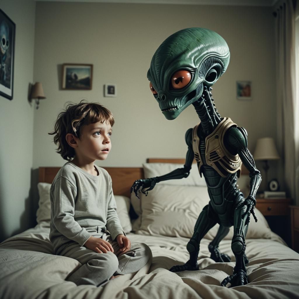 Little cute alien in bedroom with a human kid - AI Generated Artwork ...