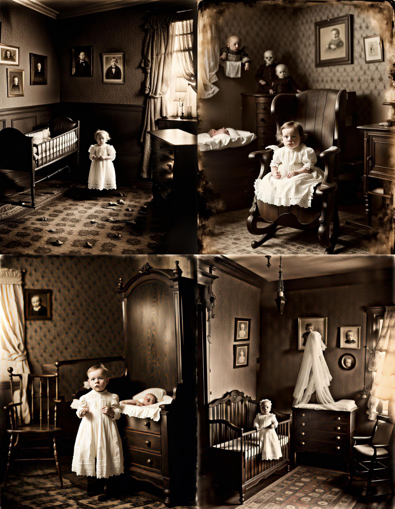 A haunted nursery with a phantom child 1900s photograph photorealistic ...