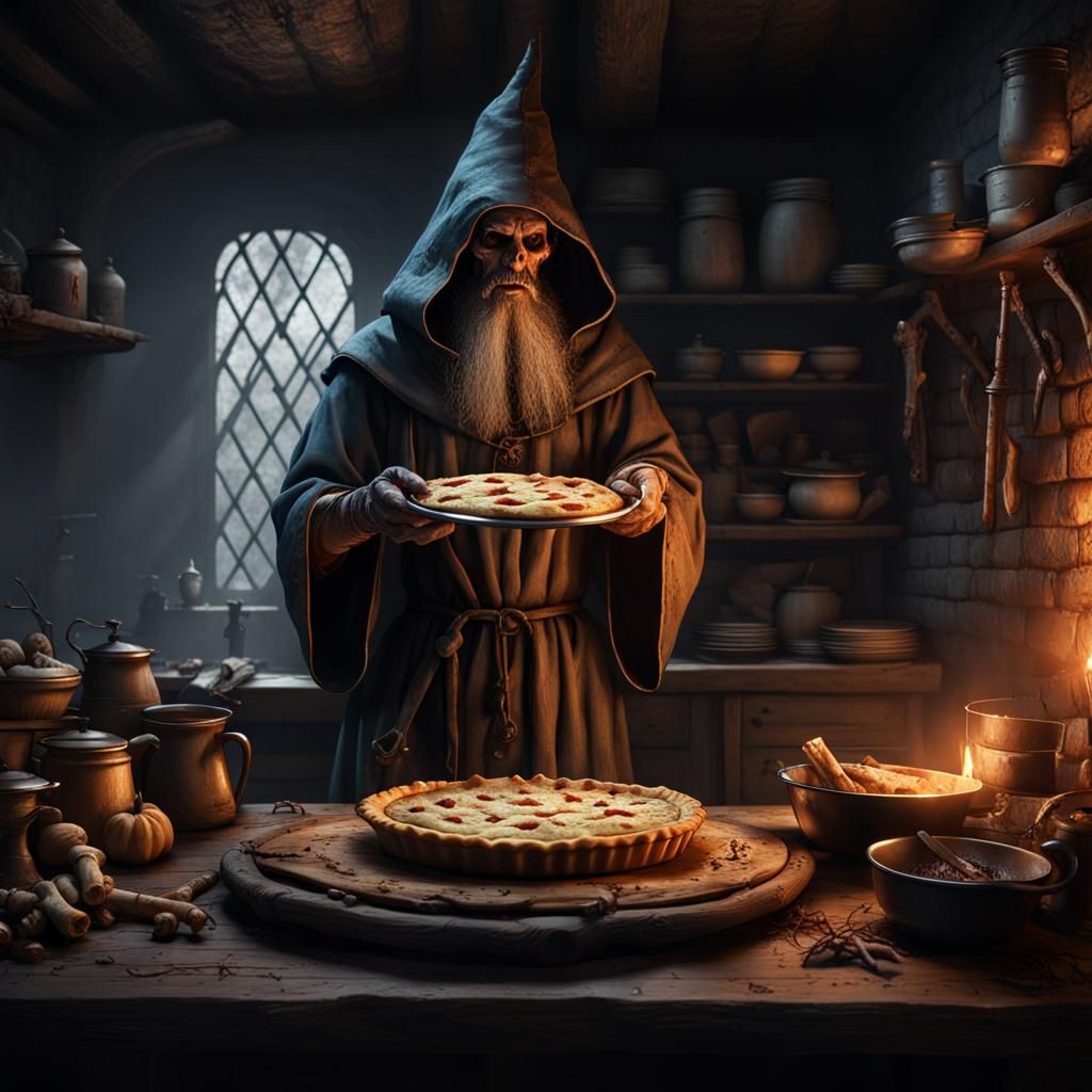Evil wizard in a medieval kitchen baking a pie - AI Generated Artwork ...