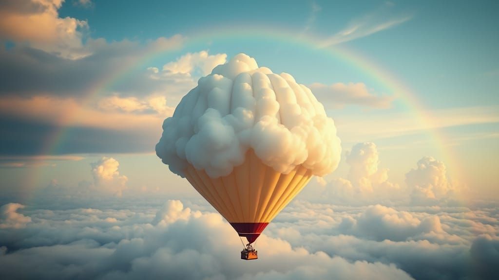 Balloon City Floating in Sky with Rainbow - AI Art
