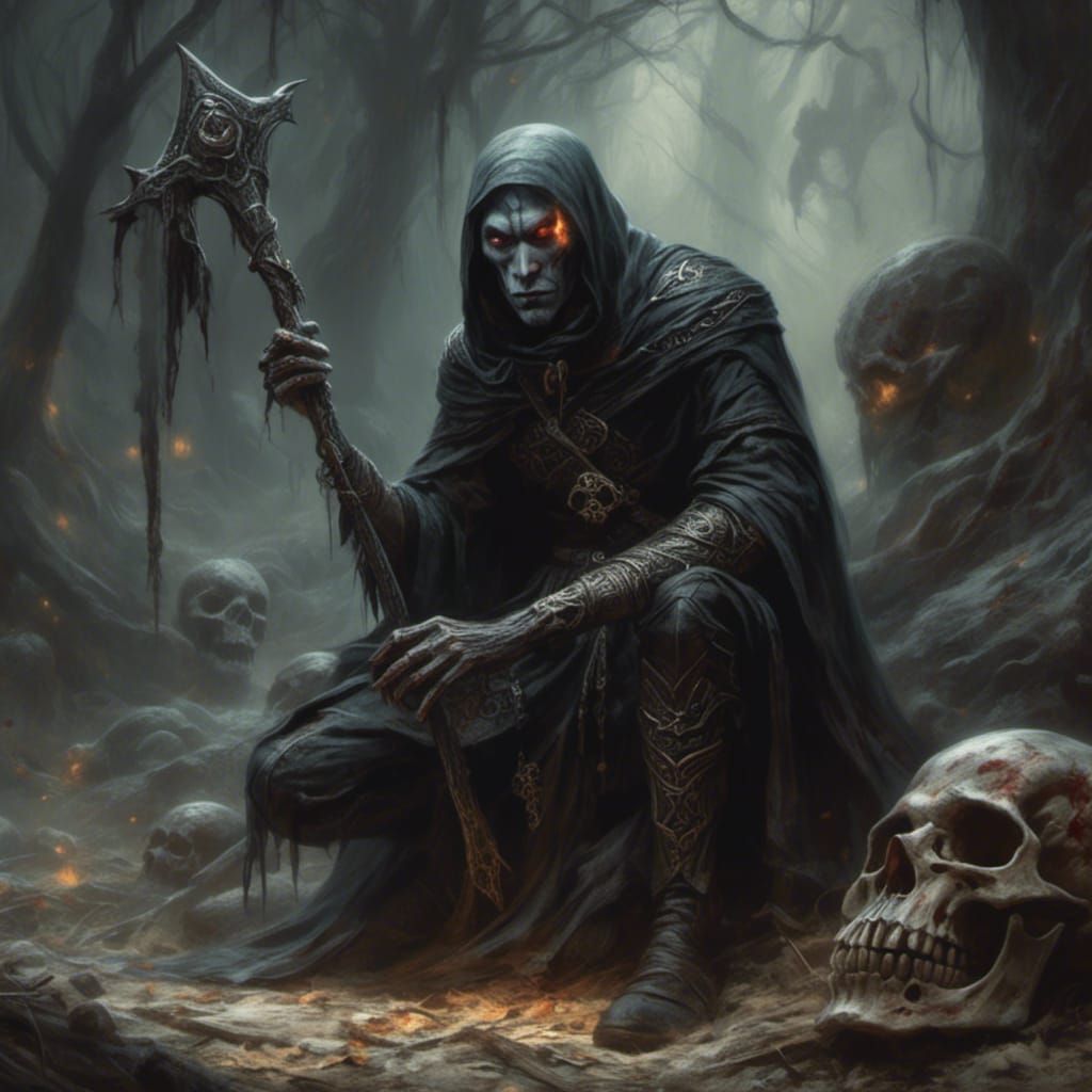 Young dark elf with beard kneeling over dead body - AI Generated ...