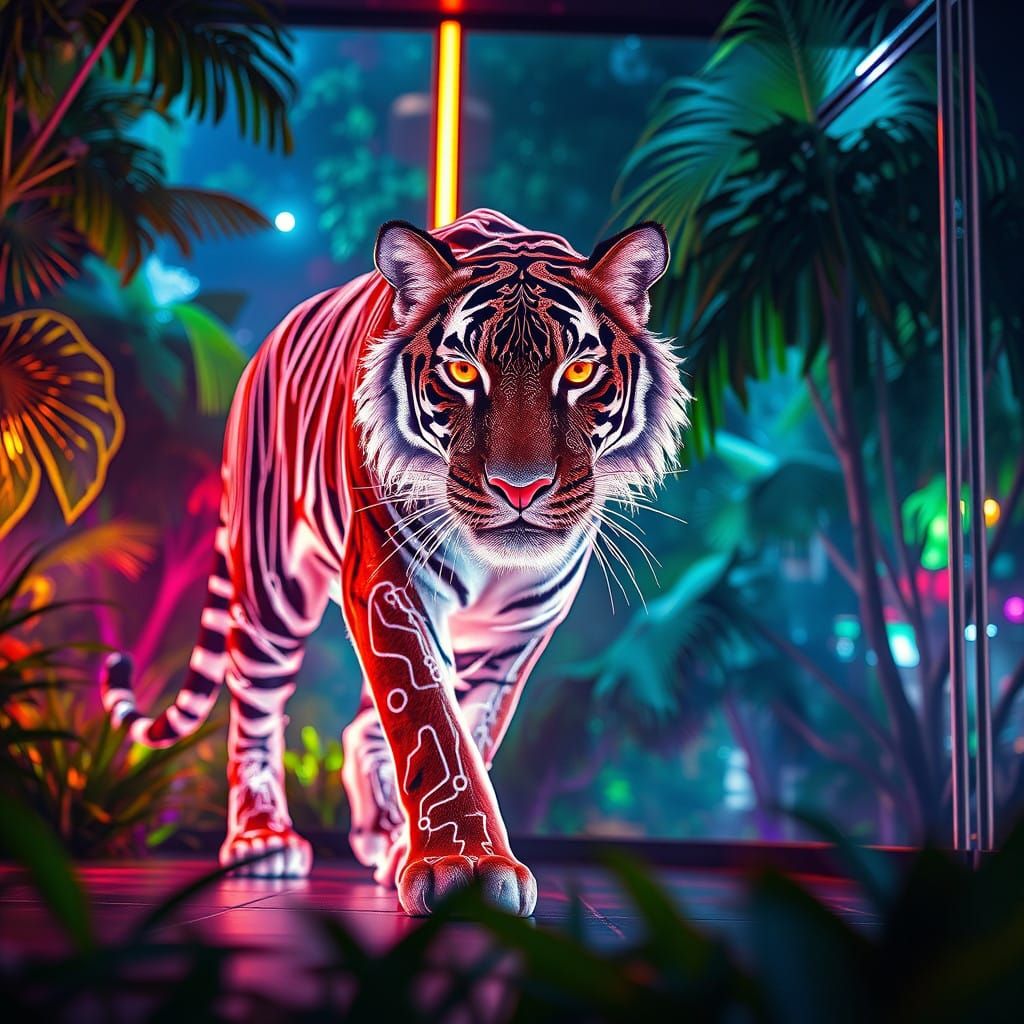 Tiger Hologram - Majestic Digital Tiger Emerges from Neon Ju...