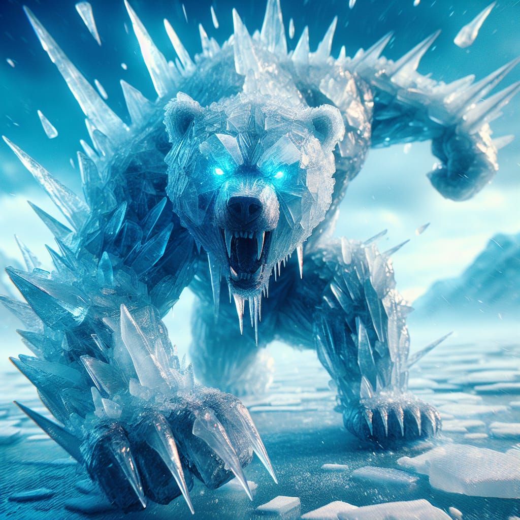 Fierce Ice Bear Made of Shimmering Ice Engages Dra... - AI Art