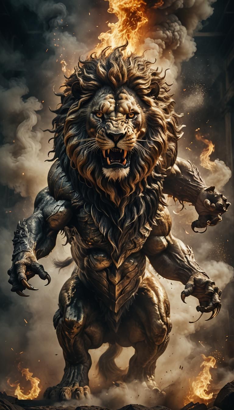 lion beast exuding fear, engulfed in flames, exhibiting strength with ...