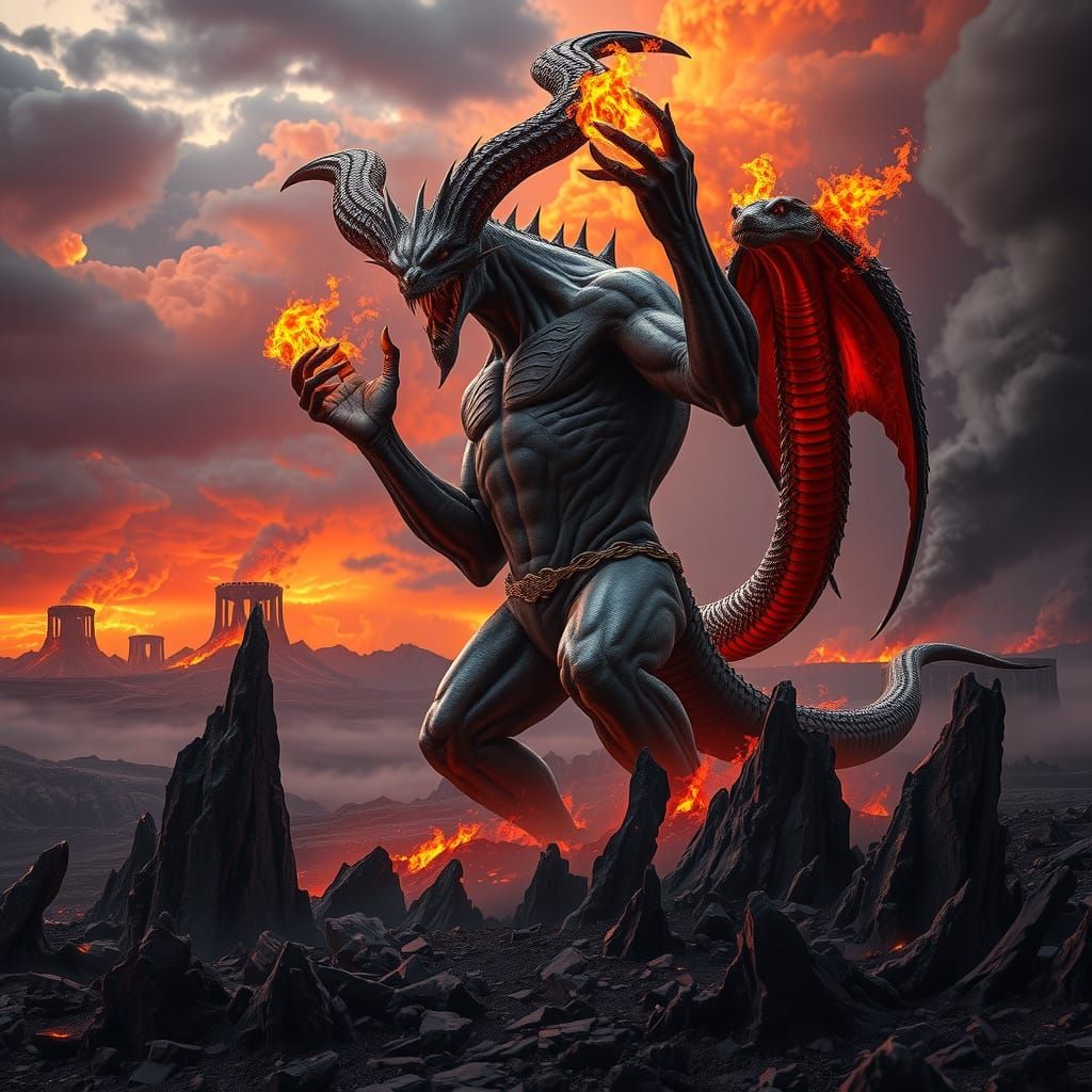 Horned Demon Emerges from Hell with Fiery Snakes a... - AI Art