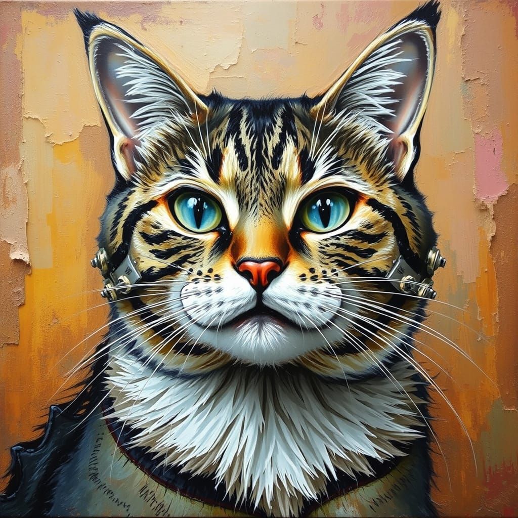 Steampunk Tabby Cat in Vibrant Impasto Oil Paintin... - AI Art