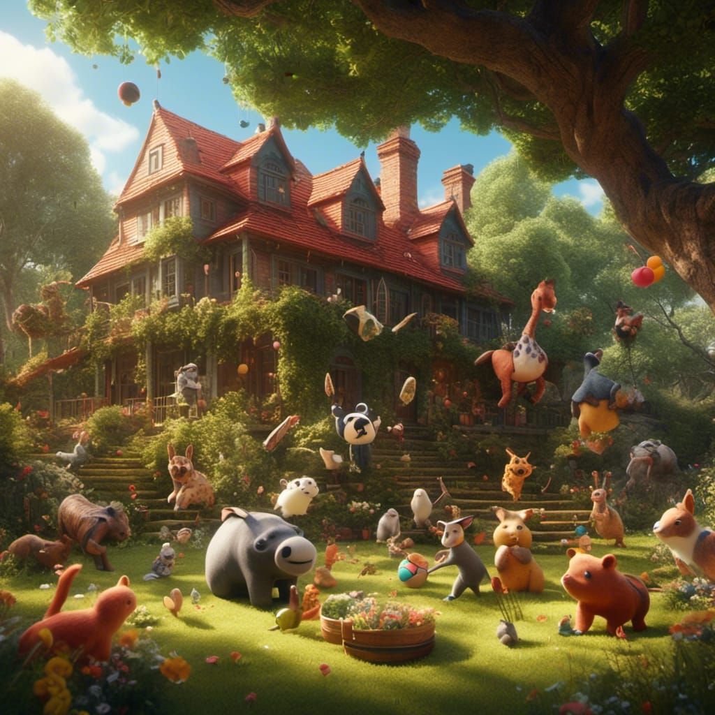 a lot of cute animals, in a big garden of a big house, playing together ...