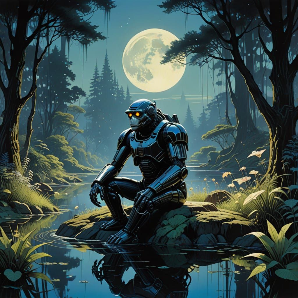Mecha Chimp Bathers in Moonlit Serenity - AI Art