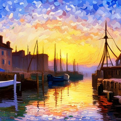 by Claude Monet and William Turner, a colorful sunrise over quiet ...