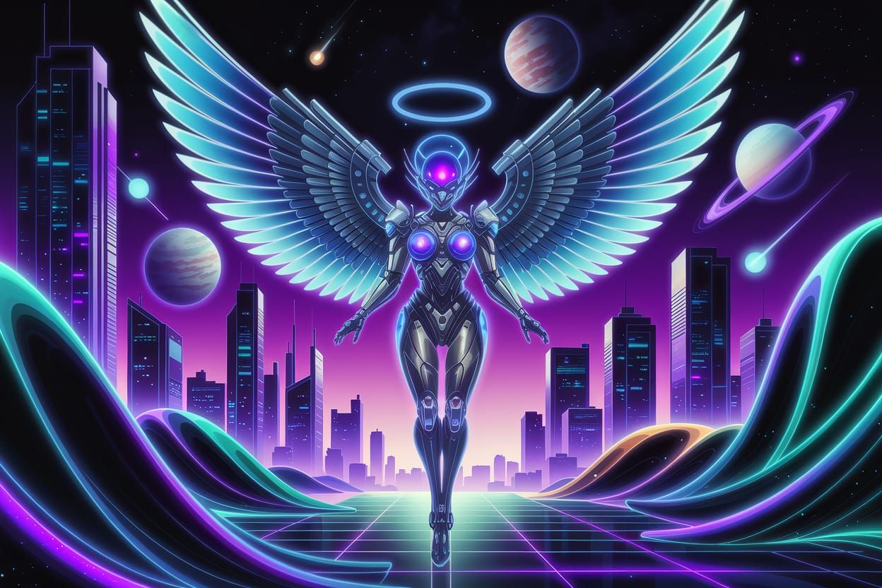 Surreal Sci-Fi Fantasy Mecha Angel soars over Futu... - AI Art