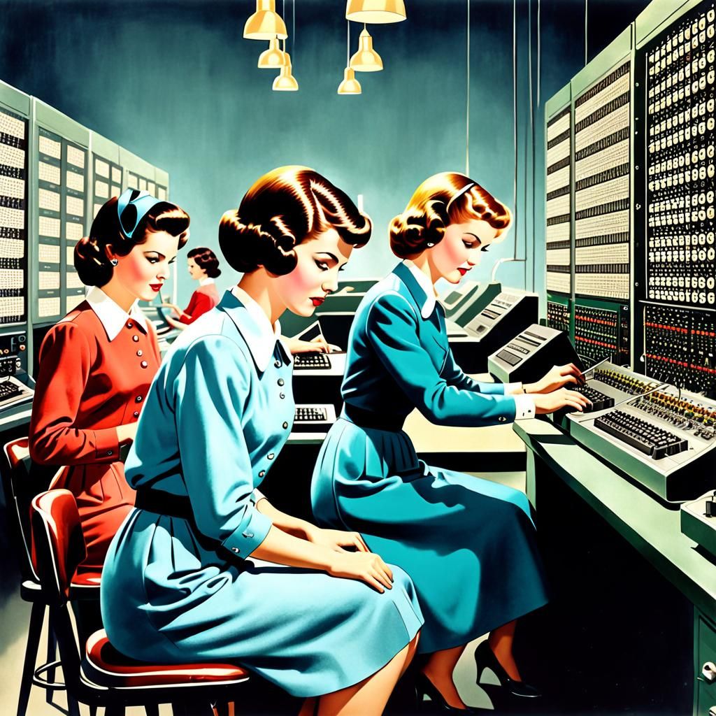 vintage photograph colorized, women working on retro computer, punch ...